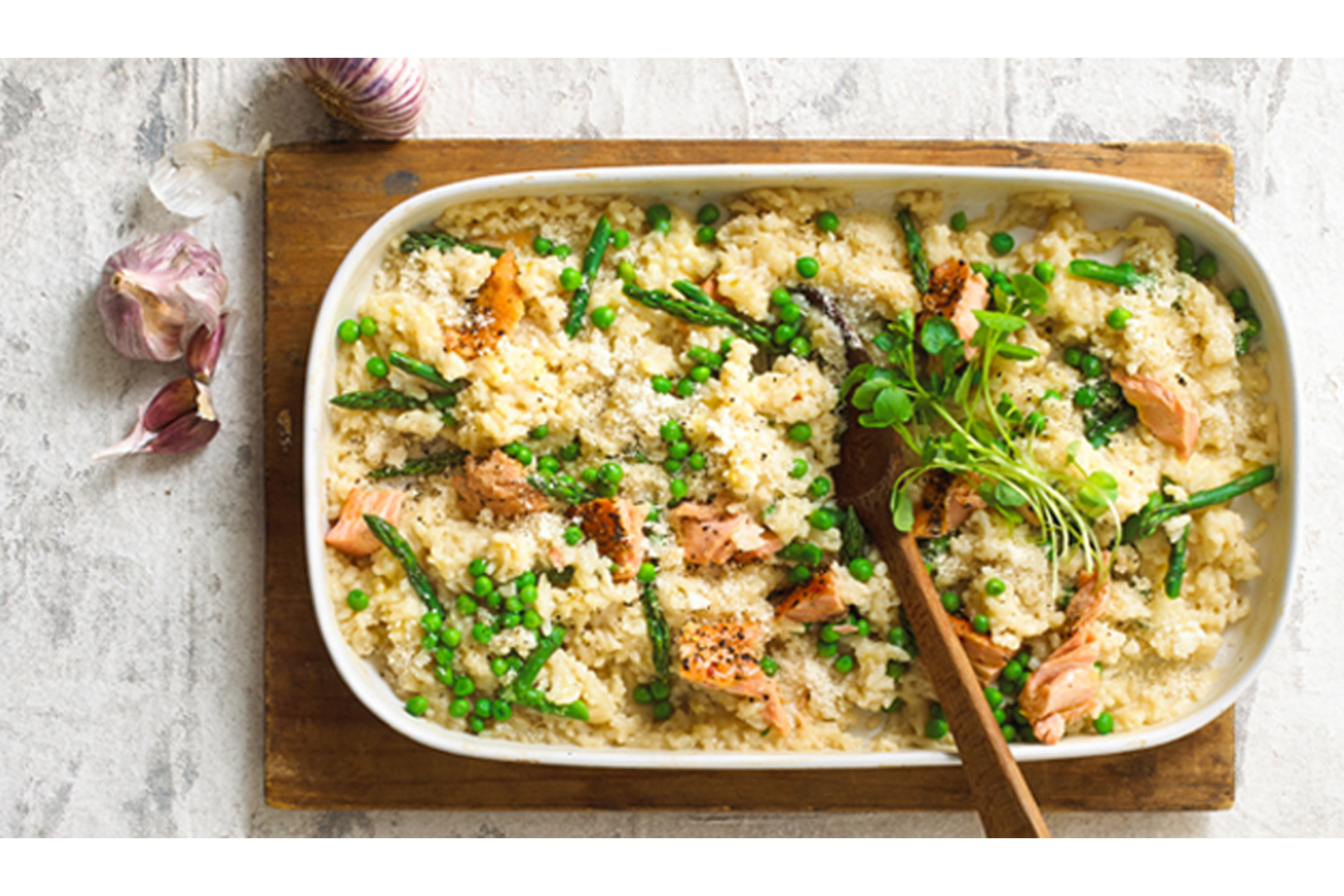 Baked Risotto with Hot Smoked Salmon, Peas & Asparagus • CHILD Magazines
