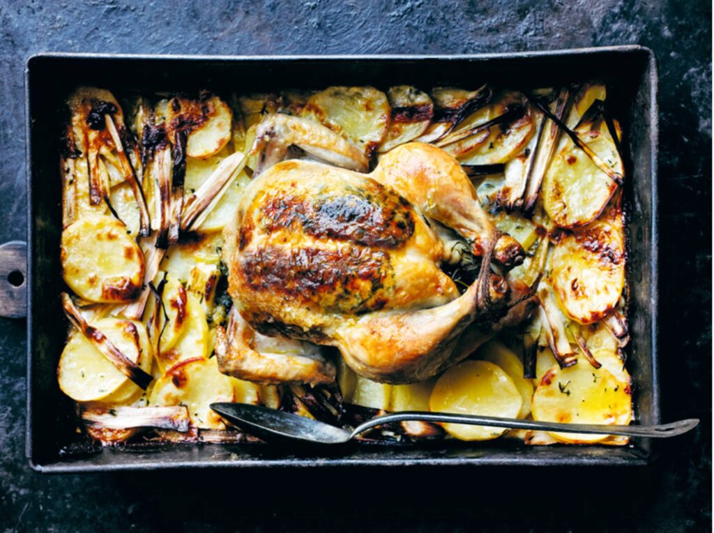 Donna Hay’s Roast Garlic Chicken on Potato and Leek Gratin • CHILD ...